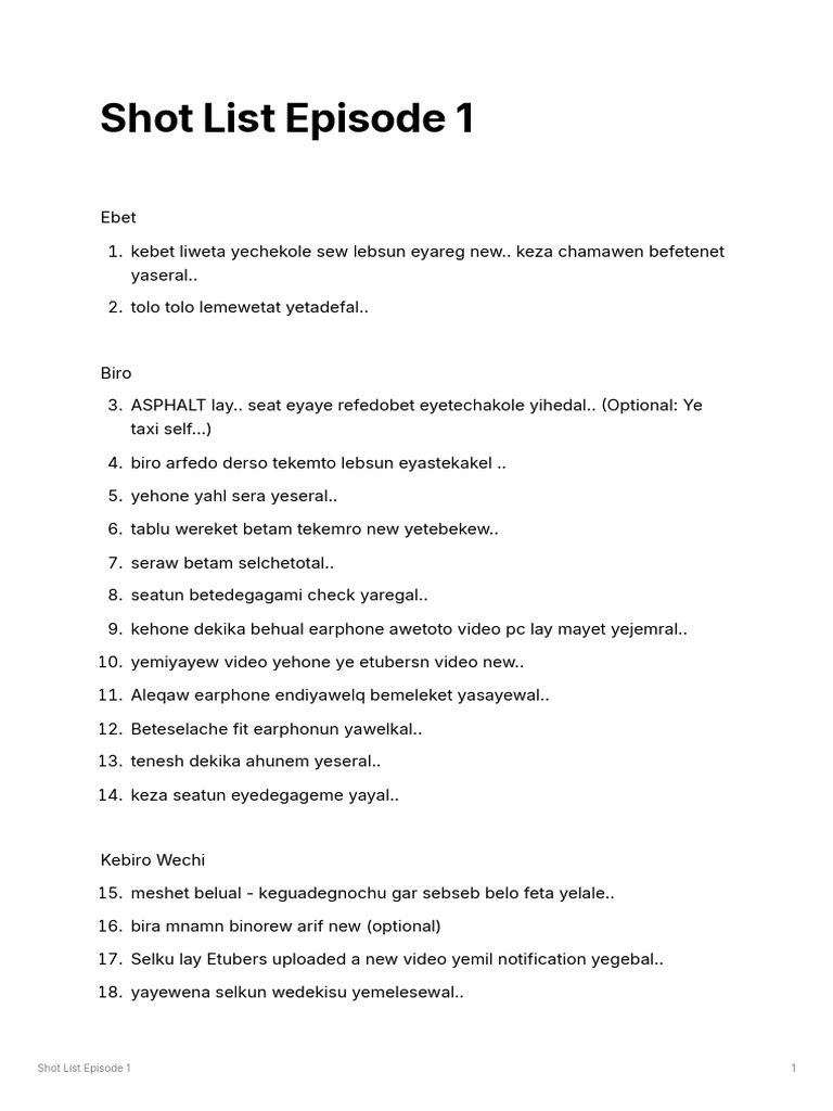 Episode 1 Shot List for Etubers Video | PDF