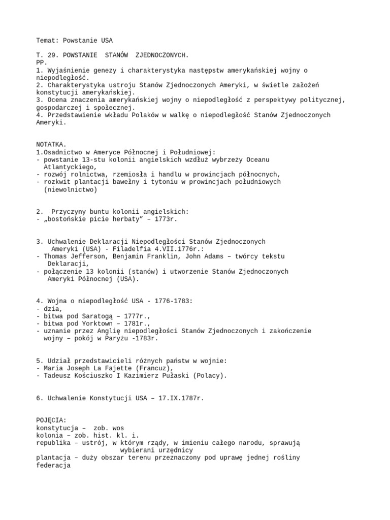 Temat Powstanie USA | PDF
