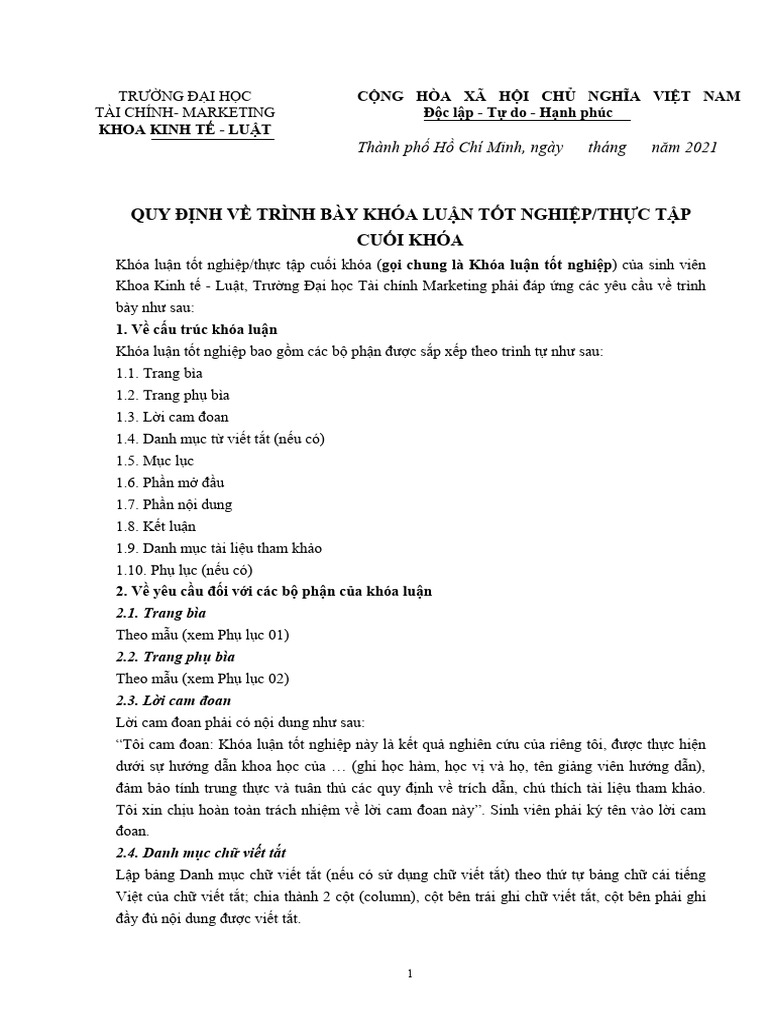 Quy định về Khóa luận tốt nghiệp - Khoa KTL | PDF