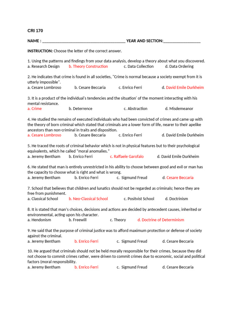 CRI 170 ANSWER KEY 1st Major Exam 1 | PDF | Id | Crimes