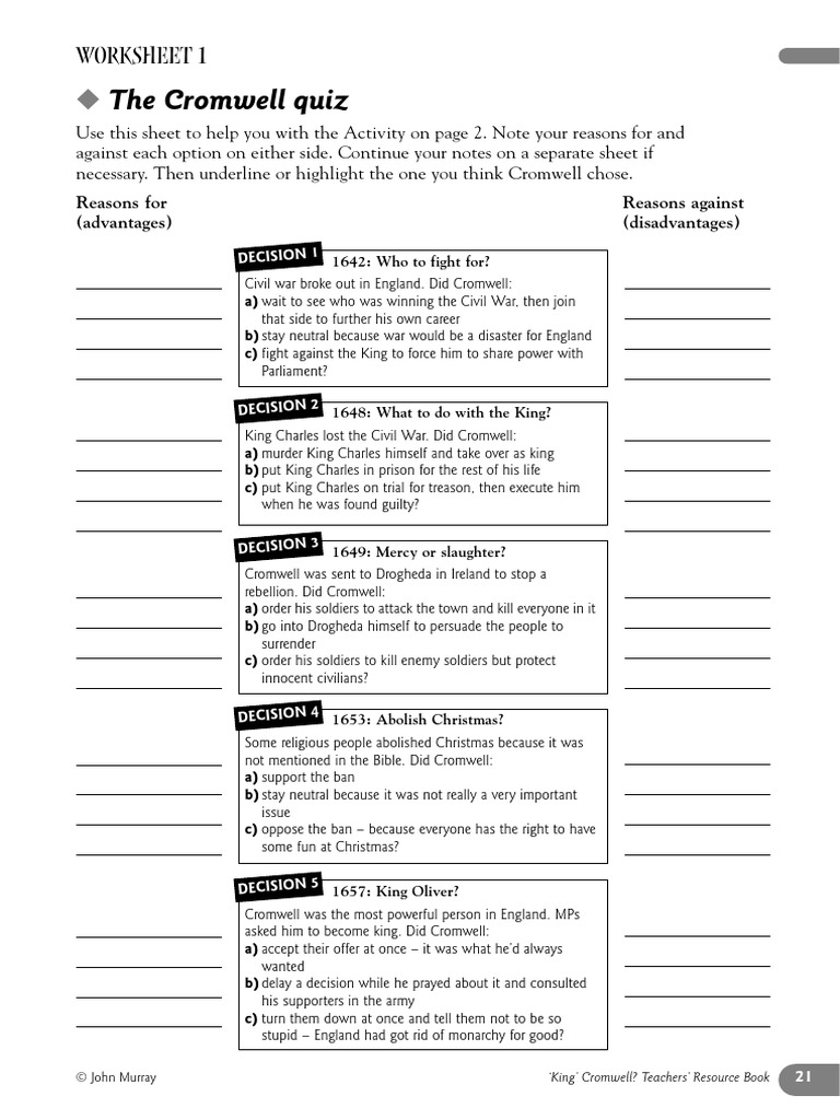 King-Cromwell-Worksheets | PDF | Oliver Cromwell | English Civil War