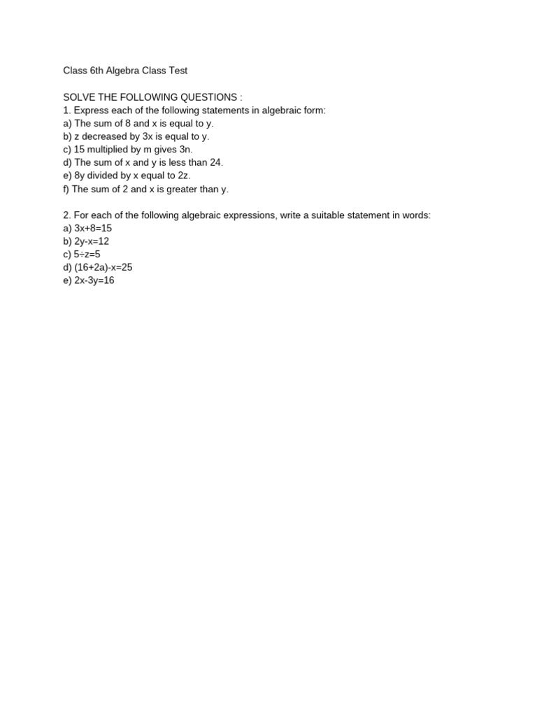 Class 6 Algebra Test Questions | PDF | Teaching Methods & Materials