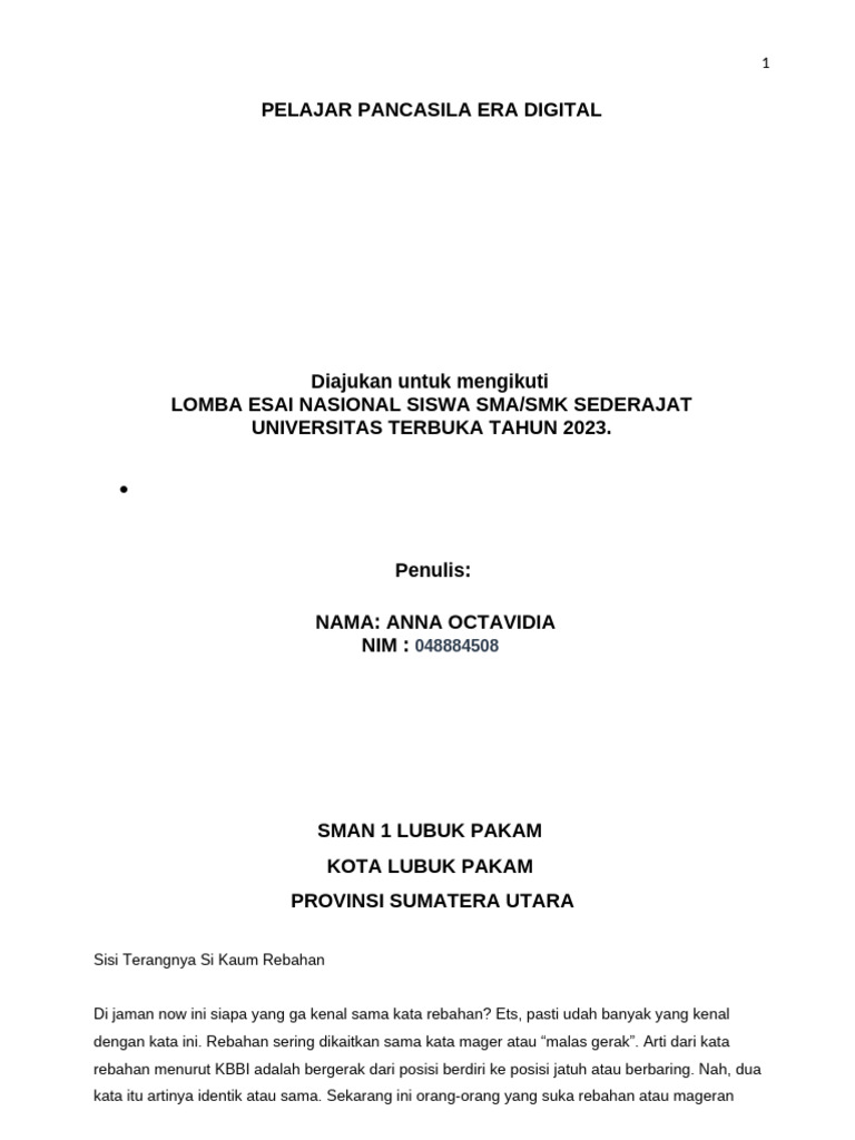 Format Halaman Sampul Lomba Esai Universitas Terbuka 2023 | PDF