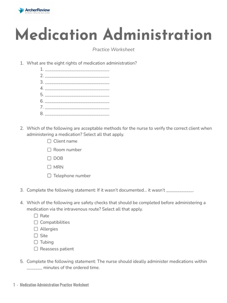 Medication Administration: Practice Worksheet | PDF | Injection ...
