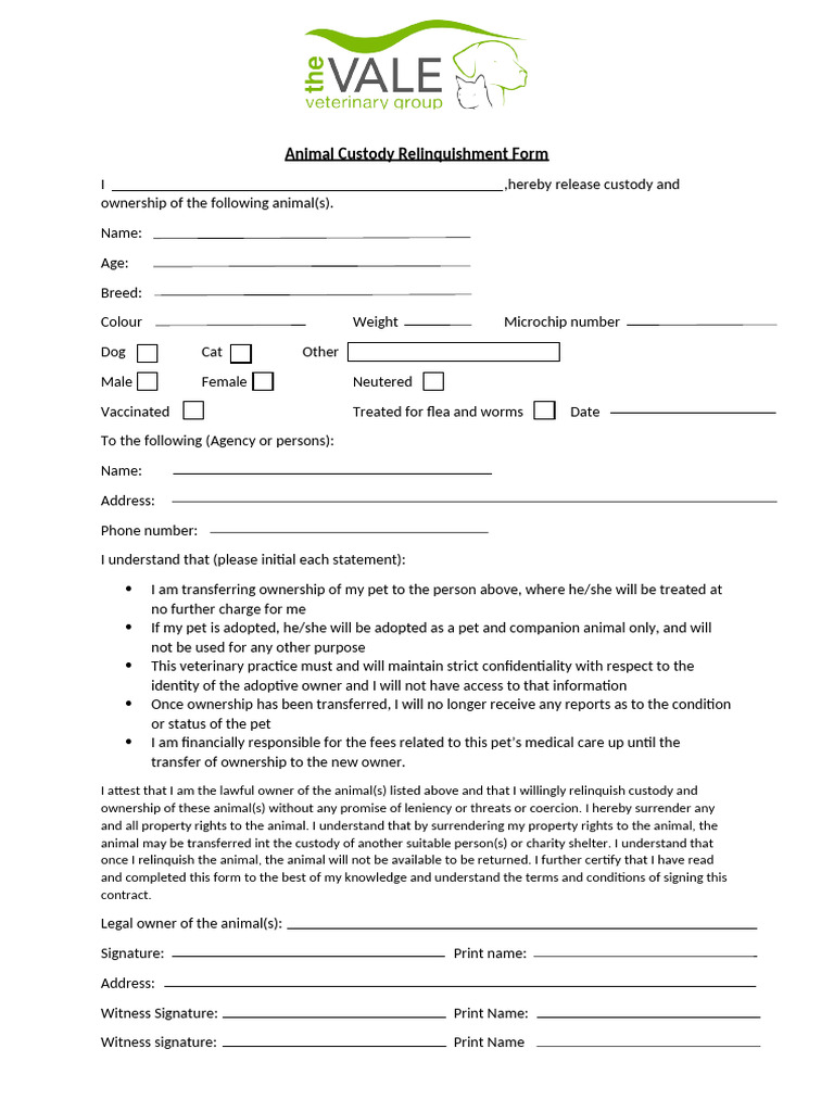 Pet Custody Relinquishment Form | PDF | Social Science | Law