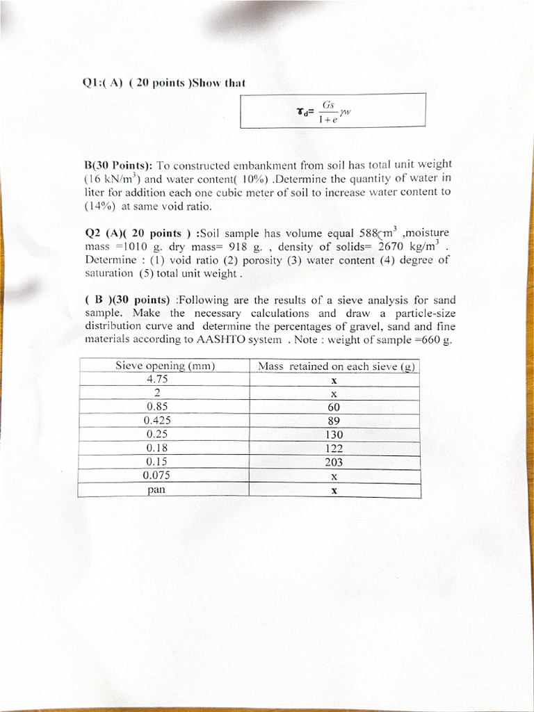 B (30 Points) To Constructed Embankment From Soil Has Total Unit Weight ...