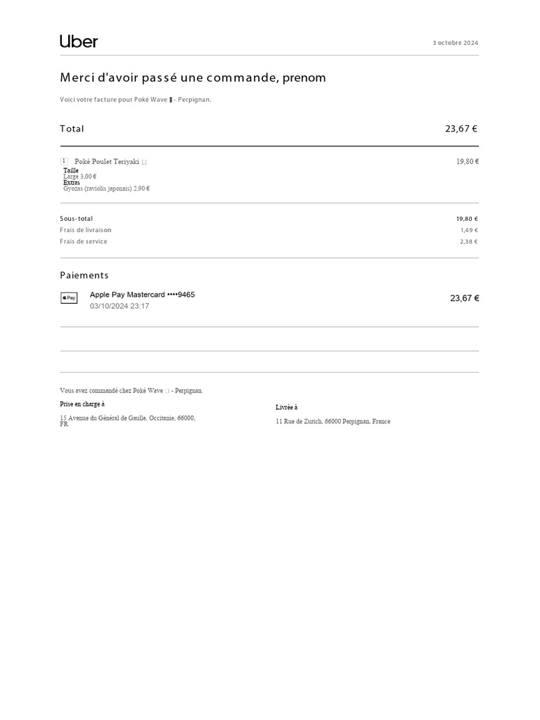 Facture de commande Poké Wave Perpignan | PDF