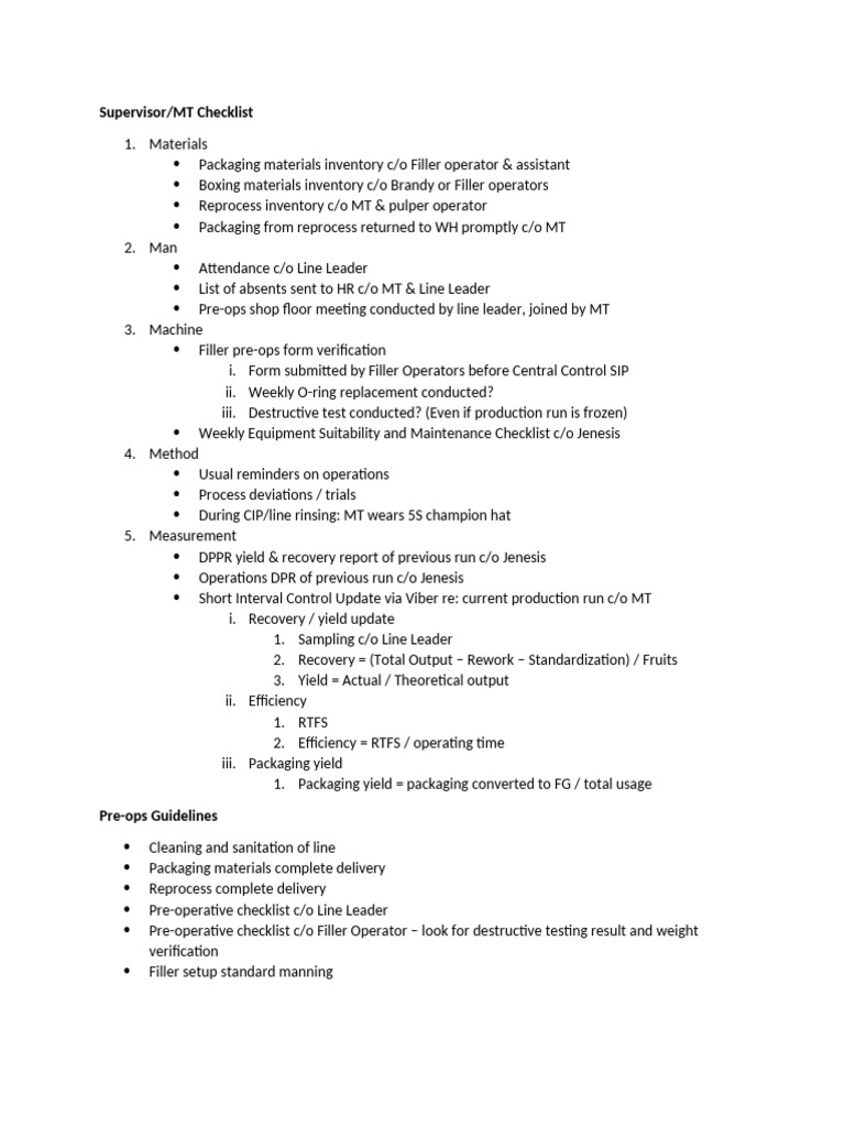 MT Supervisor Checklist Overview | PDF