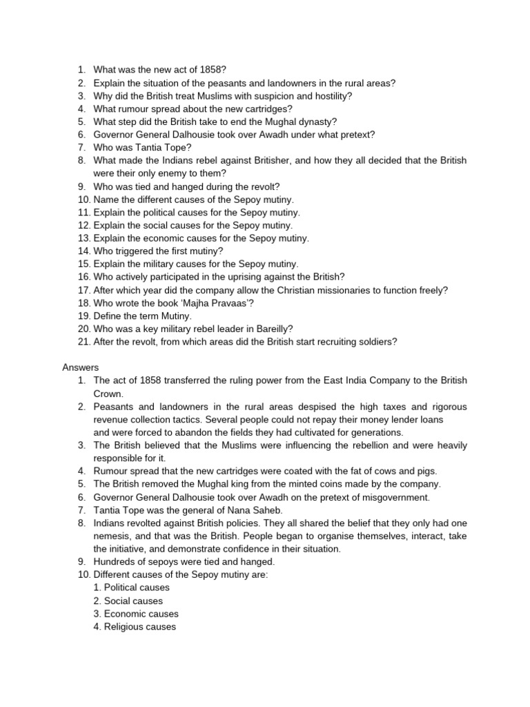The revolt of 1857 question answer | PDF | Indian Rebellion Of 1857 ...