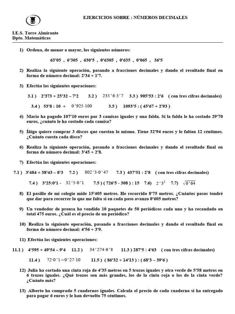 Enunciados Ejercicios Numeros Decimales 1 ESO | PDF