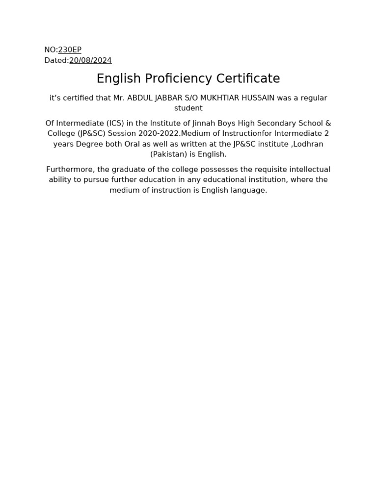 English Proficiency Certificate | PDF