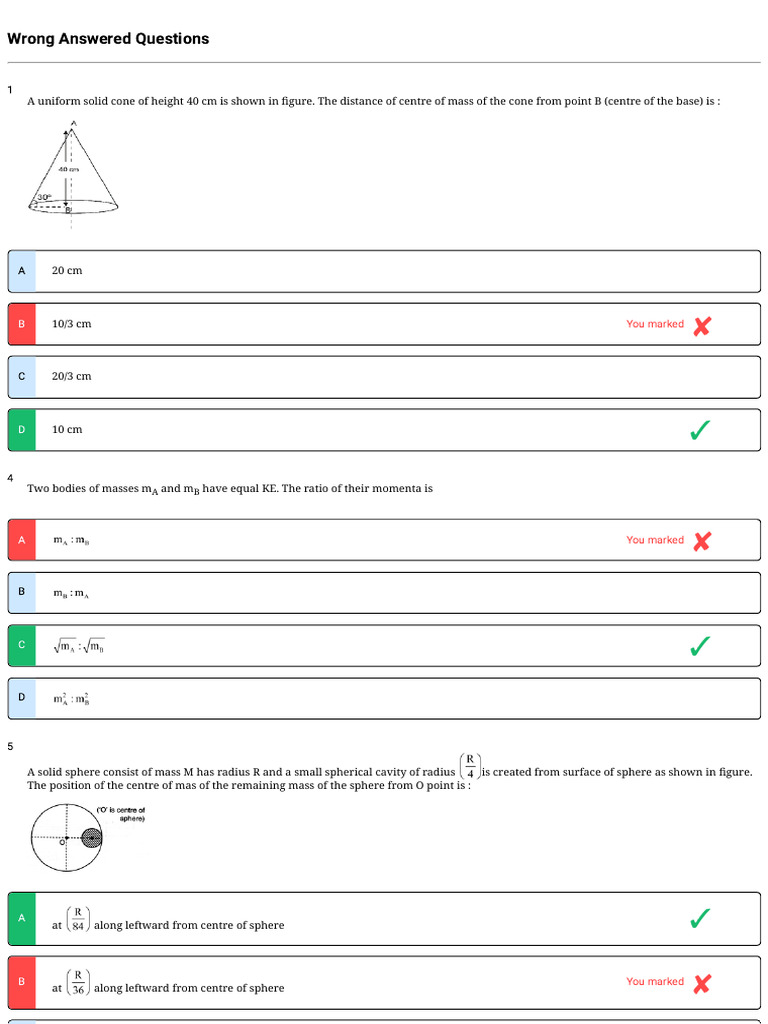 Wrong Answered Questions: You Marked | PDF | Sphere | Force