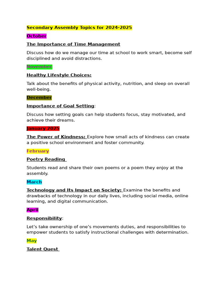 2024-2025 School Assembly Themes | PDF