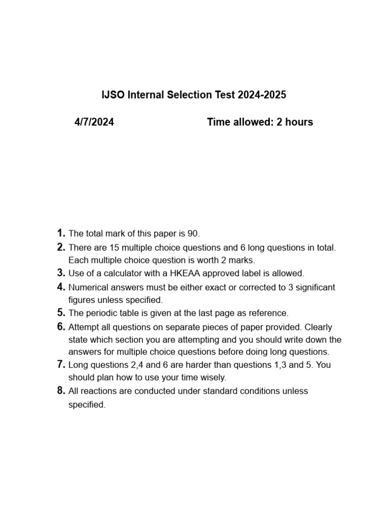 IJSO Selection 2025 | PDF | Torque | Gibbs Free Energy