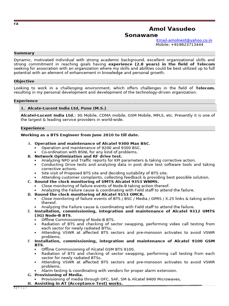 Telecom Engineer Resume | PDF | 3 G | Mobile Telecommunications