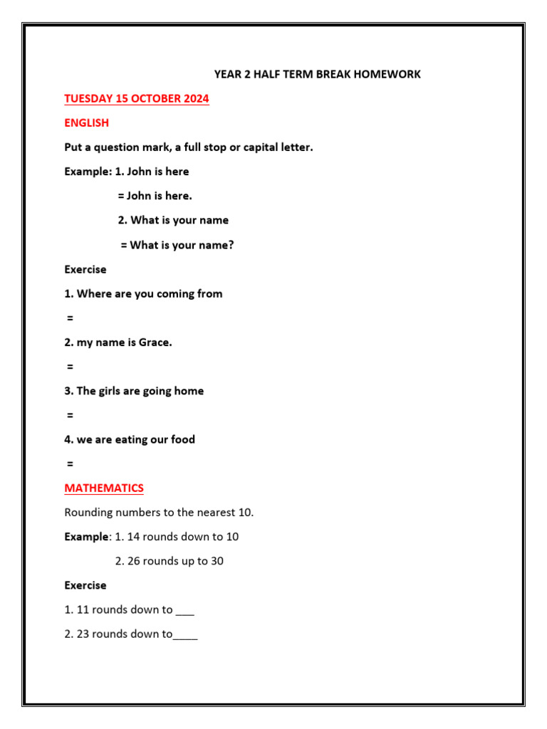 YEAR 2 Half Term Break Homework | PDF