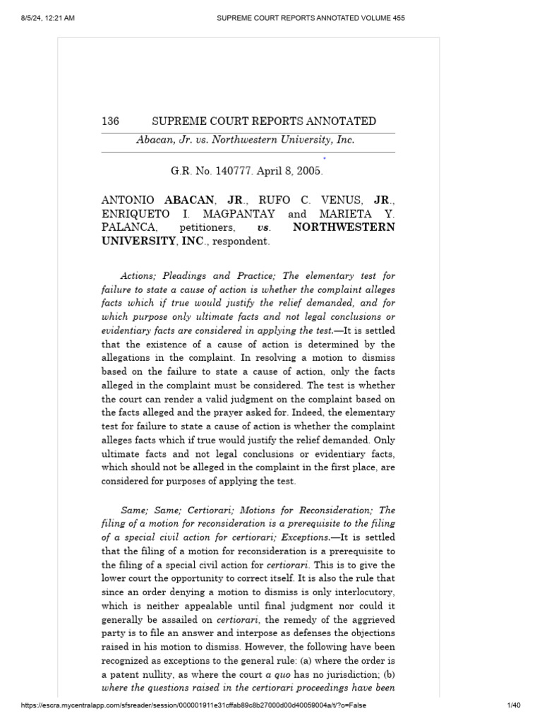 Abacan vs. Northwestern University Case | PDF | Complaint | Lawsuit
