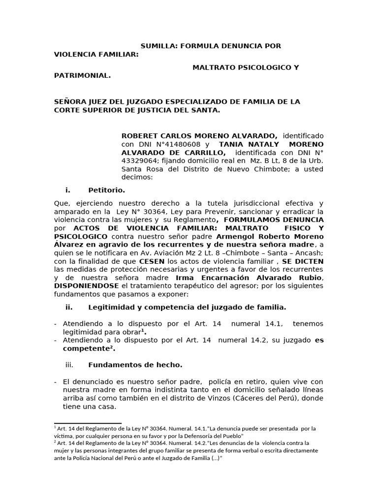 Denuncia Por Violencia Familiar | PDF | Violencia doméstica | La ...