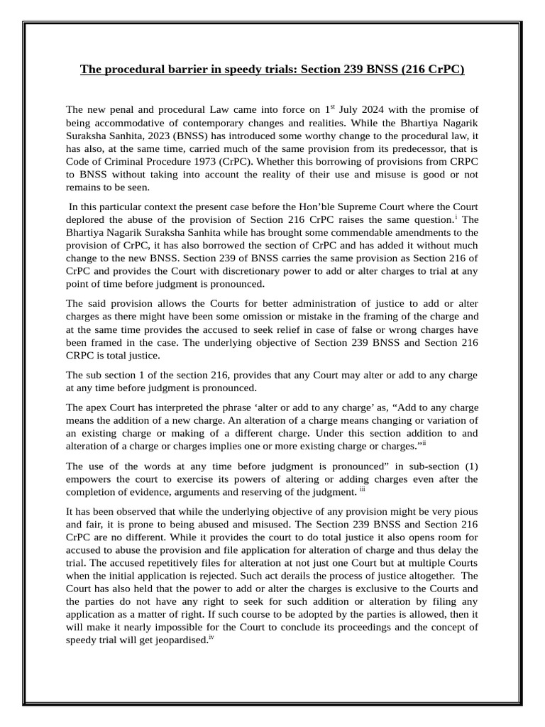 The procedural barrier in speedy trials Section 239 BNSS (216 CrPC ...