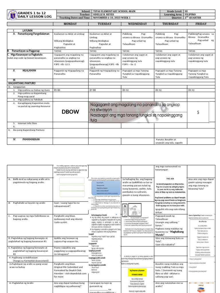 DLL Filipino-3 Q2 W1 | PDF