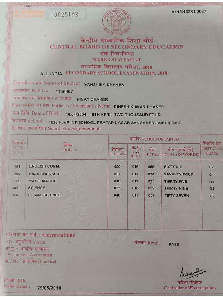 10th Marksheet | PDF