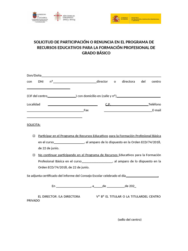 Solicitud de participaciขn o renuncia en el Programa de recursos Educativos para FPB | PDF ...