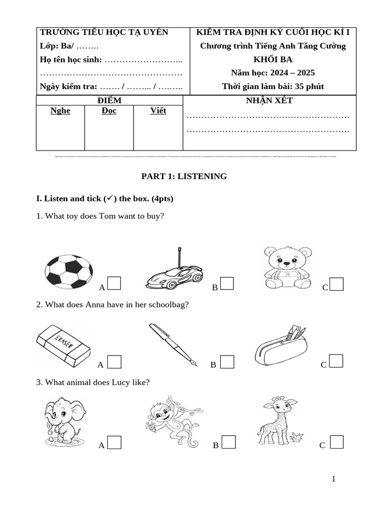 English Test for Grade 3 Students | PDF | Language Arts & Discipline