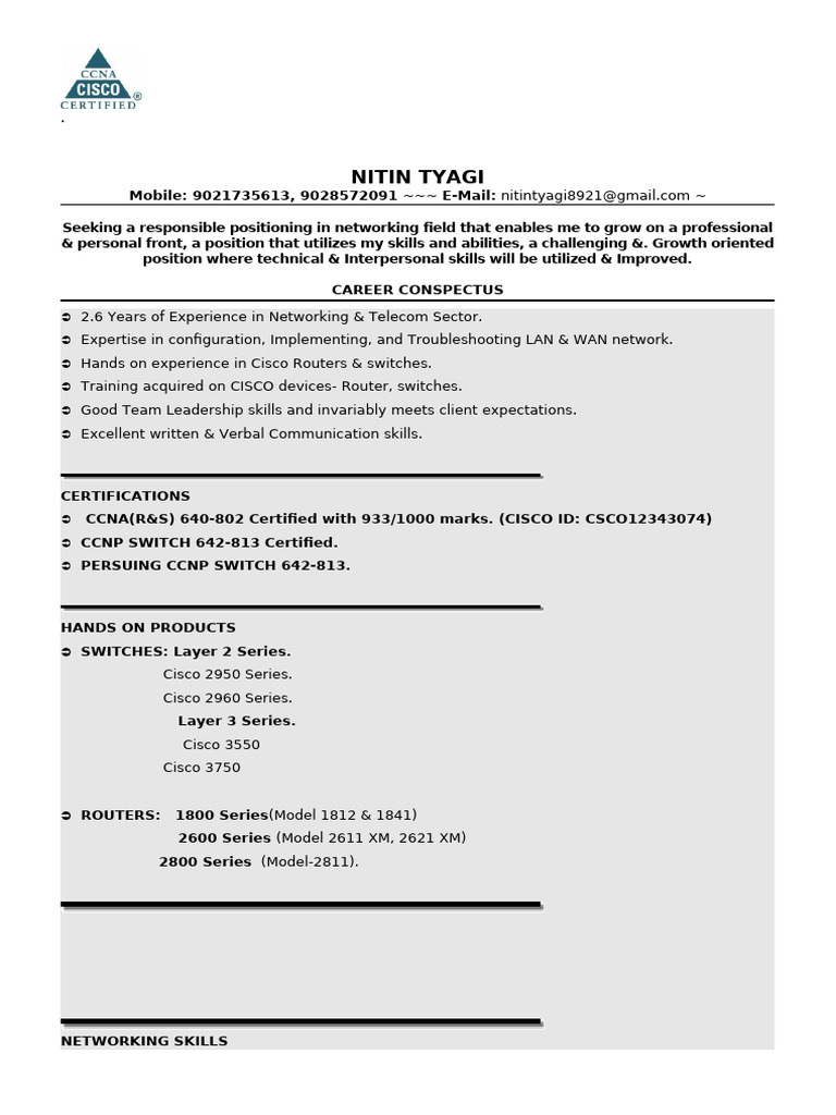 NITIN TYAGI Pune 2.06 Yrs | PDF | Computer Network | Router (Computing)