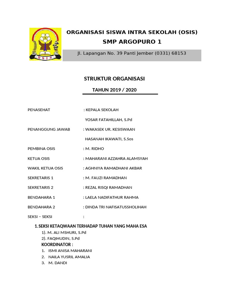 Struktur Pengurus Osis 2019 - 2020 | PDF