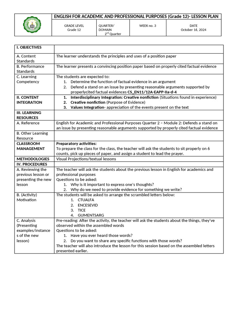 Eapp October 15 Lesson Plan CNF | PDF | Learning | Lesson Plan