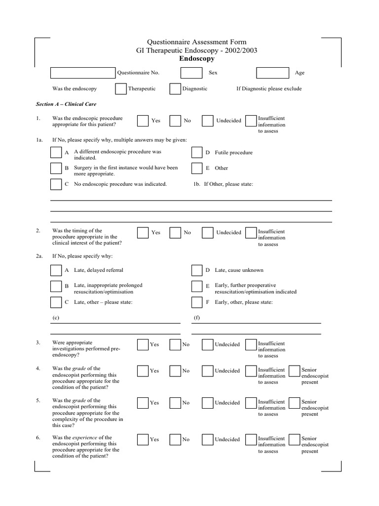 Questionnaire Assessment Form GI Therapeutic Endoscopy - 2002 ... | PDF ...