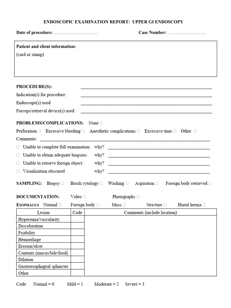 Upper GI Endoscopy Report Form (PDF) - WSAVA | PDF | Stomach | Endoscopy