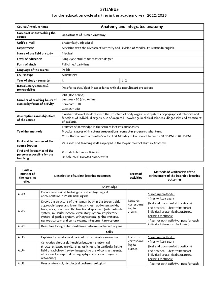 Anatomy Course Syllabus 2022/2023 | PDF | Abdomen | Ear