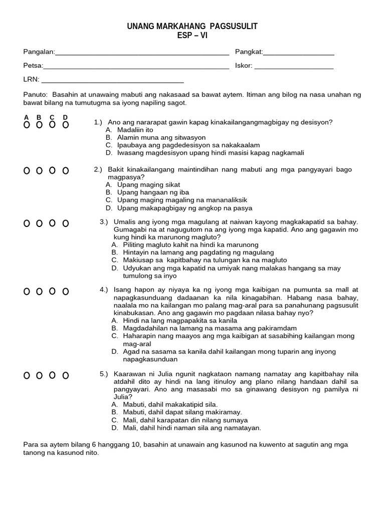 Grade 6 First Periodical Test in ESP | PDF