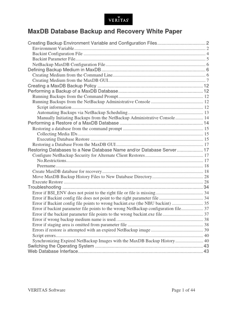 MaxDB Database Backup and Recovery White Paper-Veritas | PDF | Command Line Interface | Backup