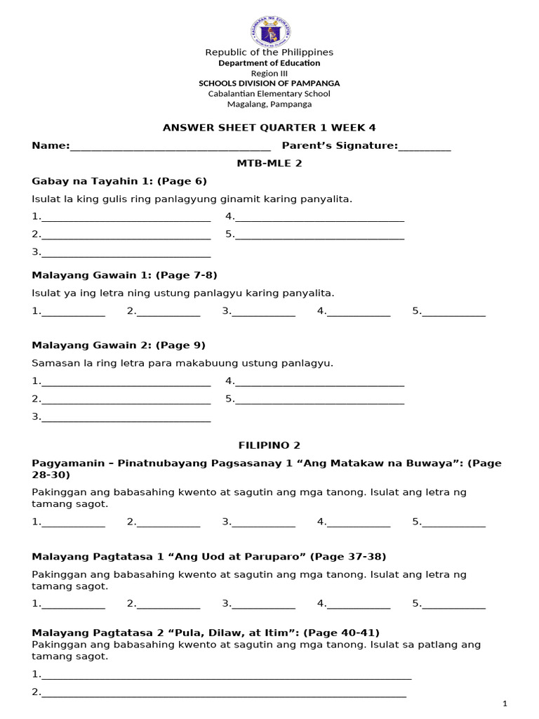 Answer Sheet Quarter 1 Week 7 | PDF