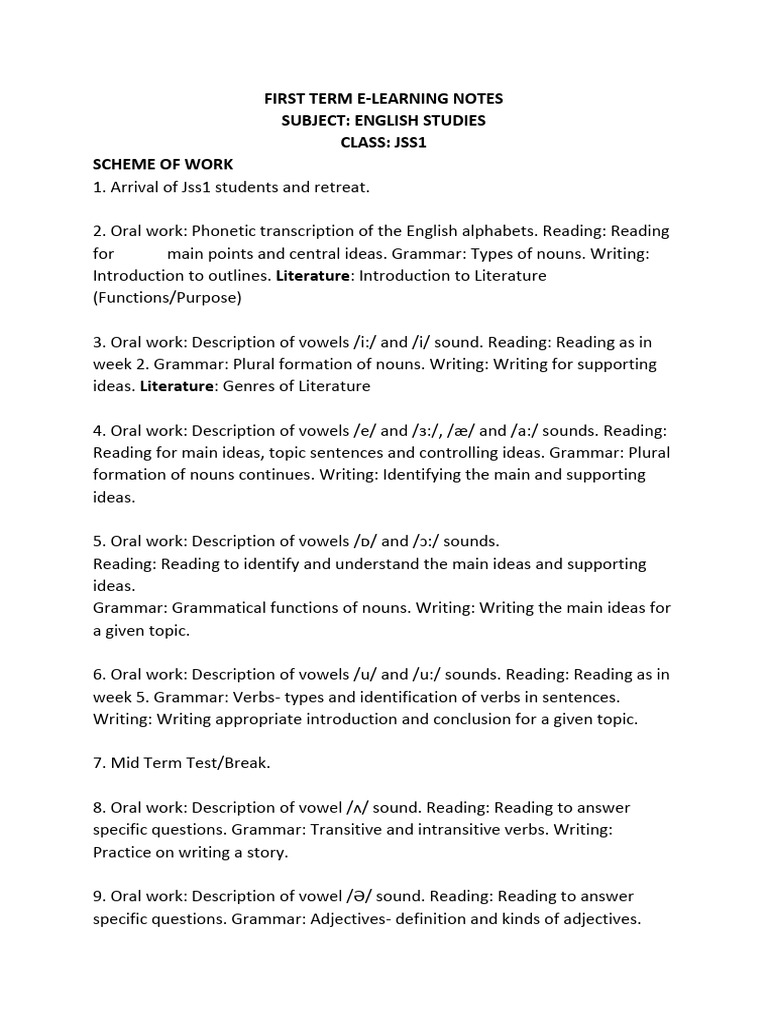 First Term Jss1 E-Note | PDF | Verb | Part Of Speech