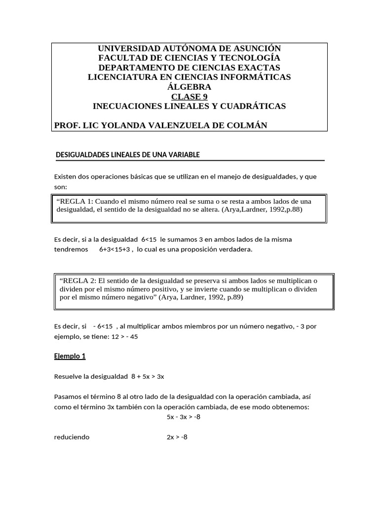 Clase 9 Inecuaciones Lineales y Cuadráticas | PDF | Ecuaciones | Conceptos matemáticos