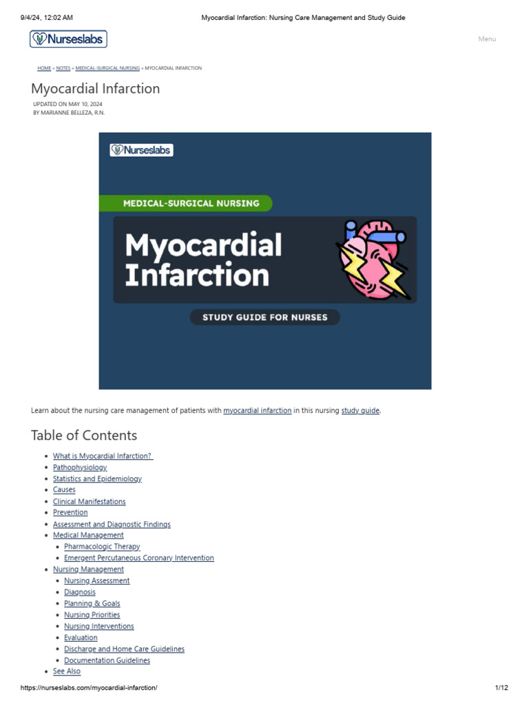 Myocardial Infarction - Nursing Care Management and Study Guide | PDF ...