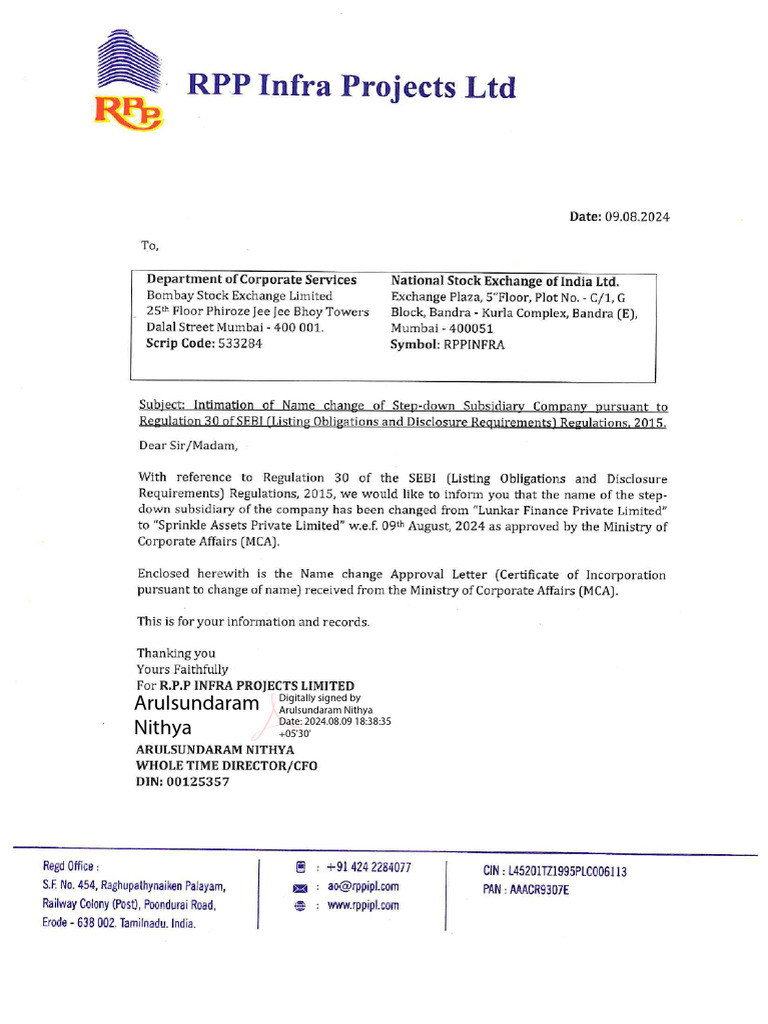 RPP Infra Projects LTD: Arulsundaram Nithya | PDF | Business | Corporations