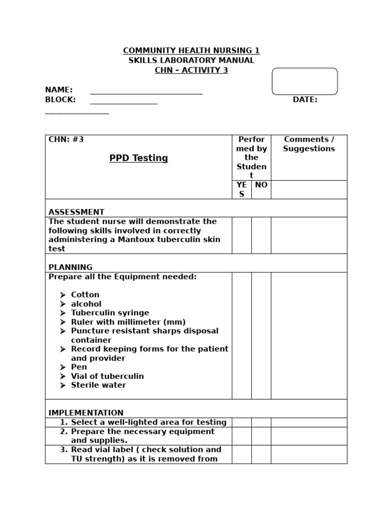 CHN-1-SKIILS-CHECKLIST-2-PPD-testing | PDF | Injection (Medicine) | Syringe