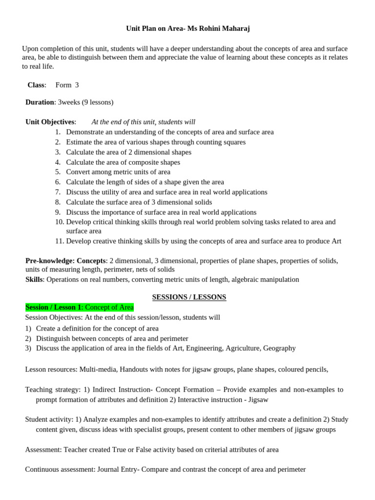 Area and Surface Area Unit Plan | PDF | Area | Geometry