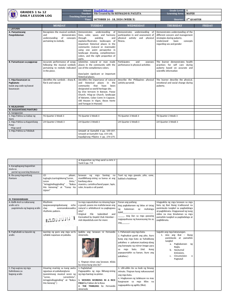 DLL - Mapeh 5 - Q2 - W3 | PDF