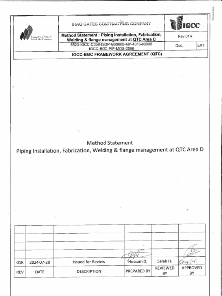 2566.DMethod Statement Mechanical Piping Works at QTC Area D | PDF ...
