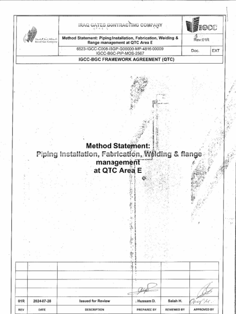 2567.EMethod Statement For Piping Installation Welding and Fabrication at QTC Area E | PDF ...
