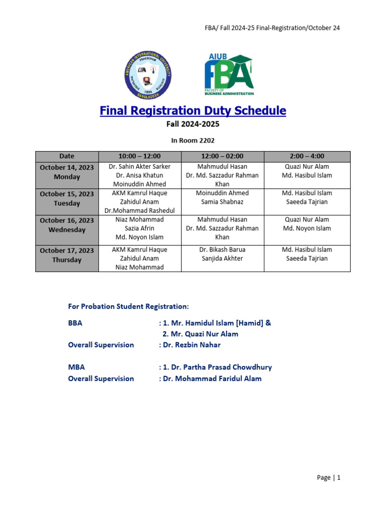 Fall 2024-25 Final Registration Schedule | PDF