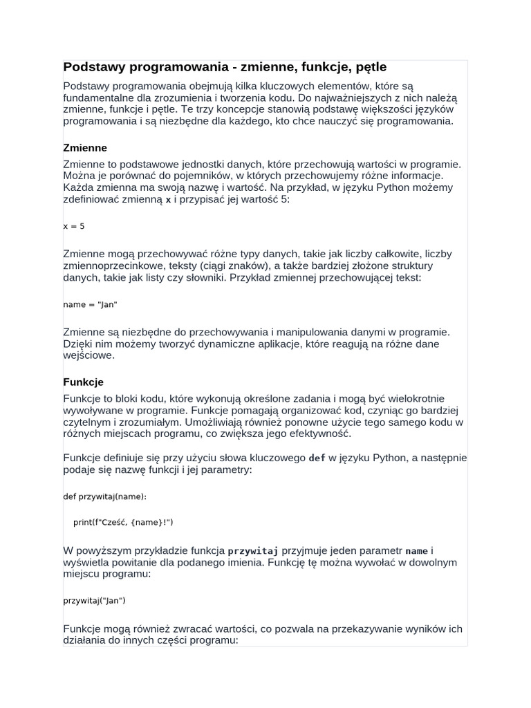 Podstawy Programowania - Zmienne, Funkcje, Pętle | PDF