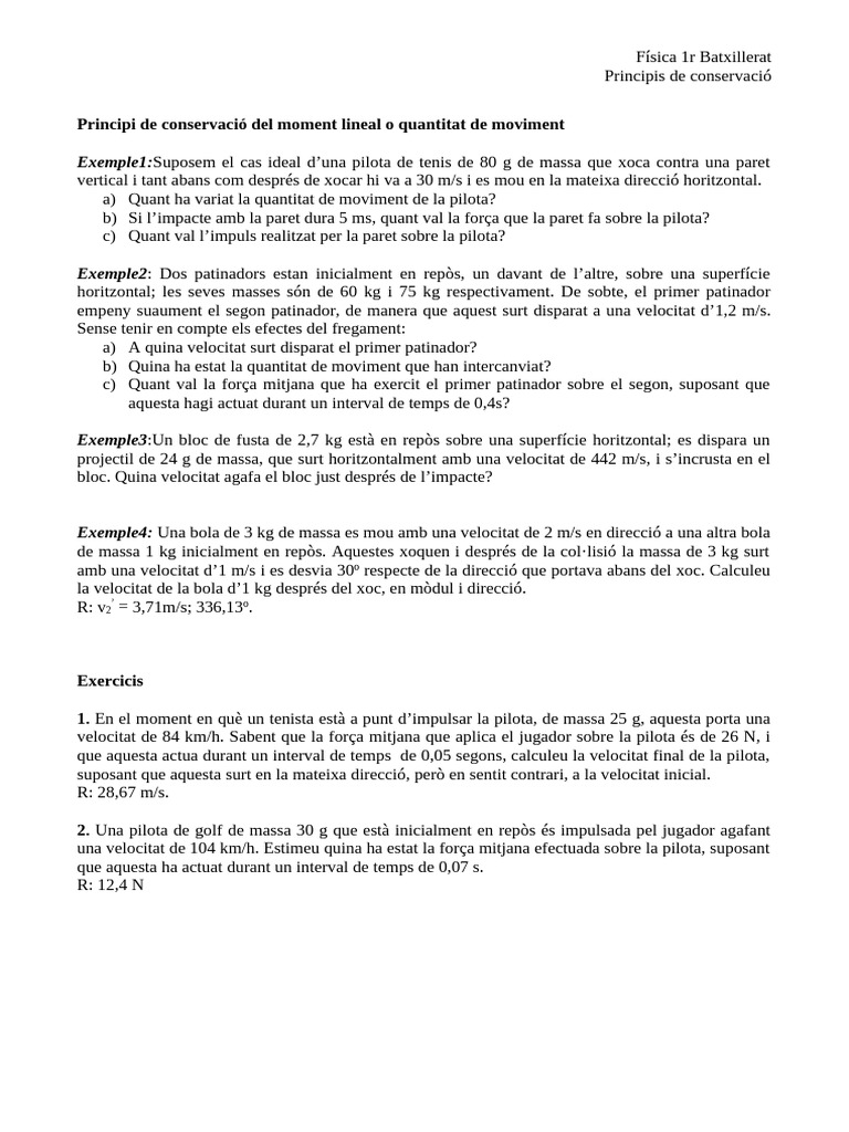 Conservacio Moment Lineal Exemples Exercicis (17-18) | PDF