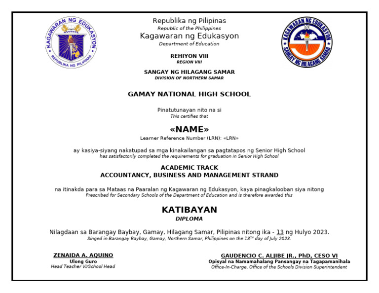 Gamay National High School Diploma | PDF