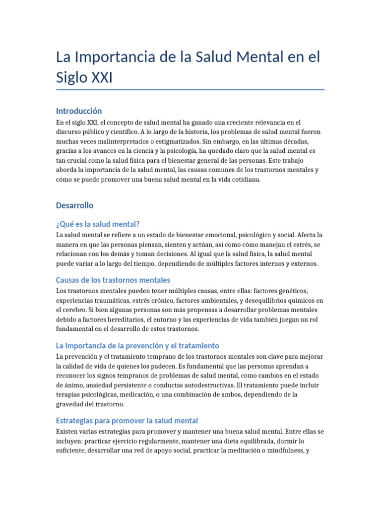 Monografia Salud Mental Siglo XXI | PDF | Salud mental | Mente